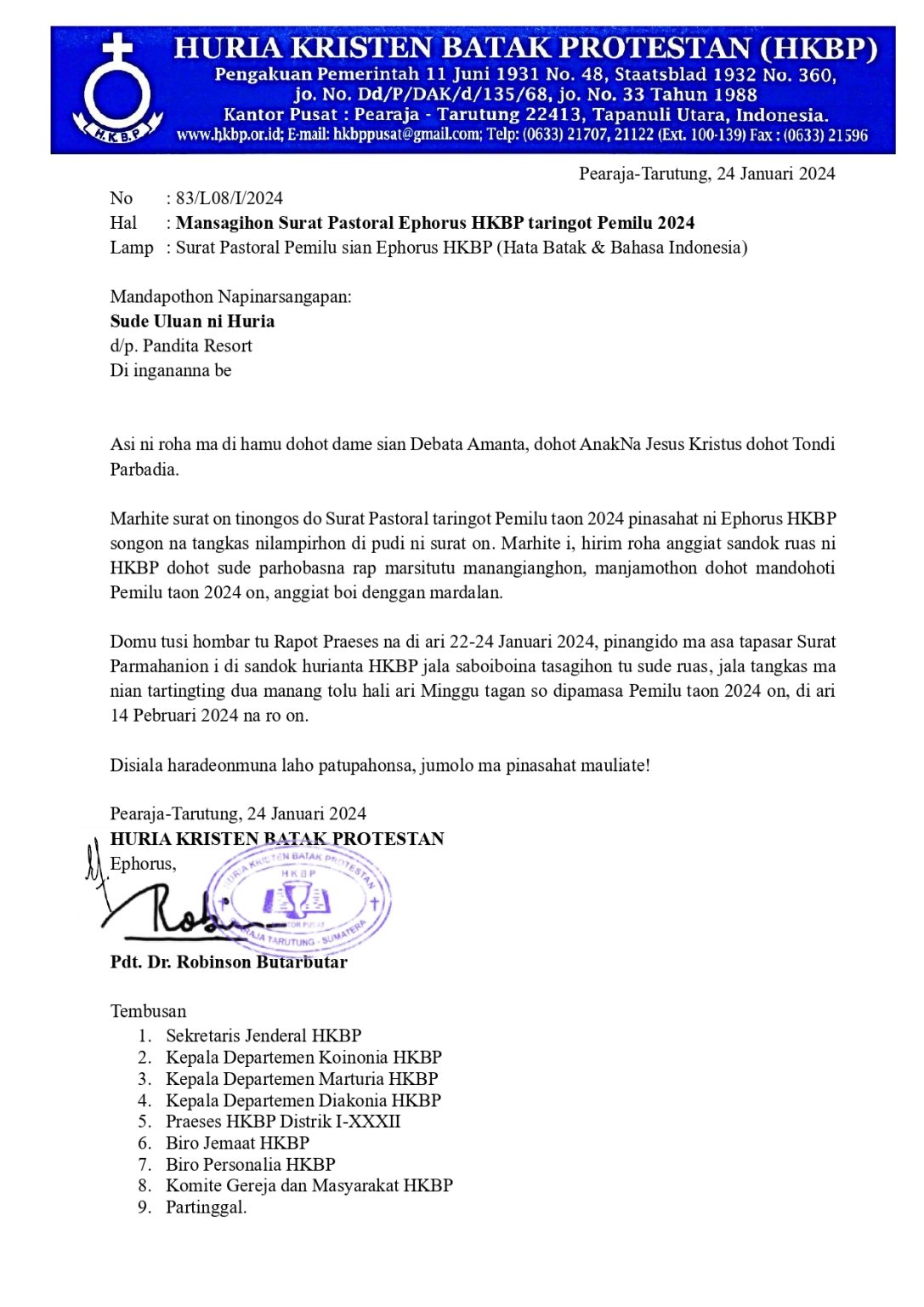 Surat Penggembalaan Ephorus HKBP Tentang Pemilu 2024 – New Kairos