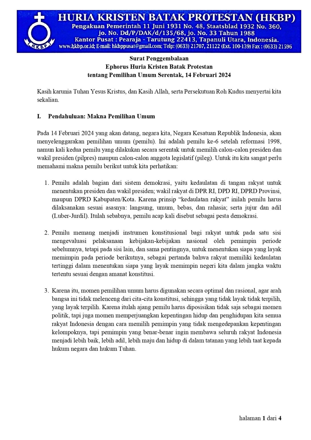 Surat Penggembalaan Ephorus HKBP Tentang Pemilu 2024 – New Kairos